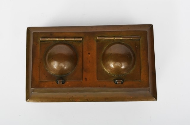A Jesson and Birkett brass double inkwell designed by Charles Francis ...