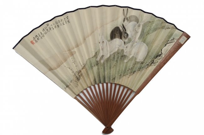 Painted Fan Depicting Rabbits with Calligraphy by Chinese School on artnet