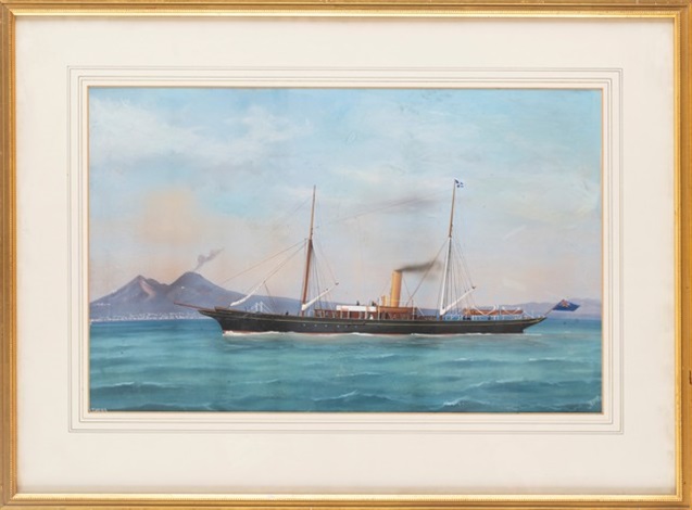 Two masted steam yacht ATHENA with English flag sailing in the Gulf of ...