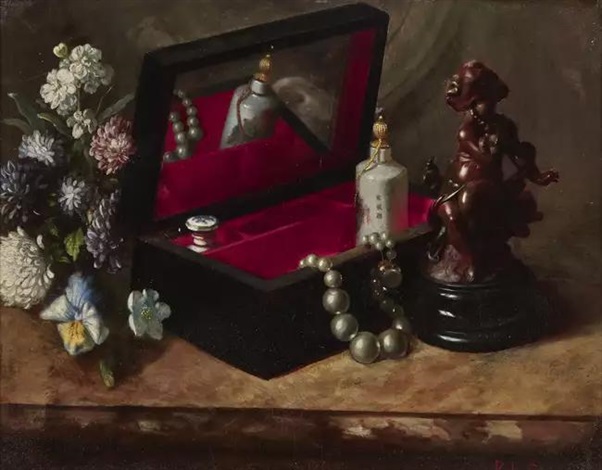Still life with a mirrored jewellery box, dahlias and a statuette by ...