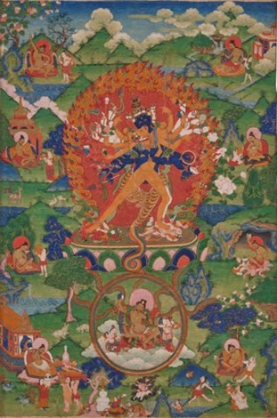 A thangka depicting the 7th Dalai Lama with a vision of Kalachakra ...