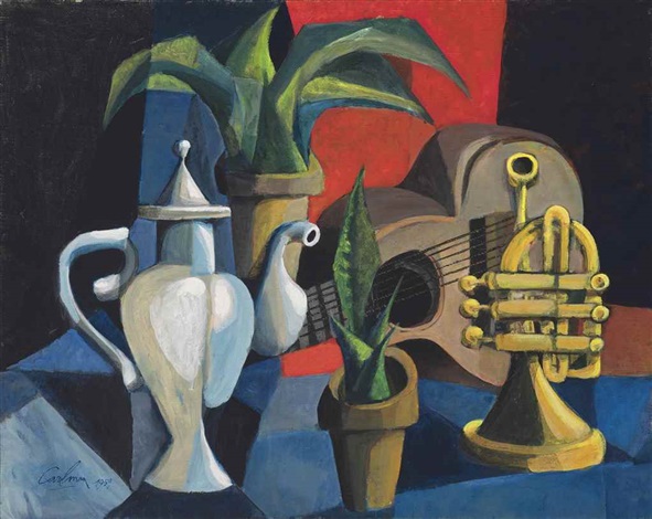Still life with guitar, trumpet and a jug by Jacques Carelman on artnet