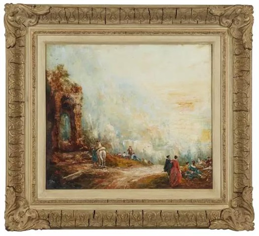 A sunset landscape with figures amongst ruins by Alfred August Felix ...