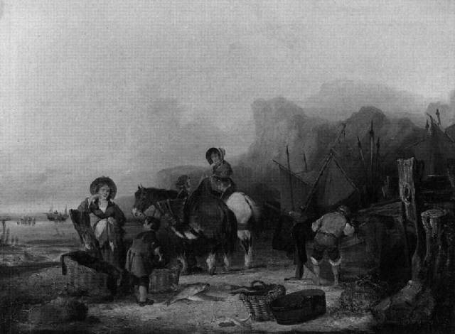 COASTEL SCENE WITH FIGURES ON THE BEACH AND FISHERMEN UNLOADING THEIR ...