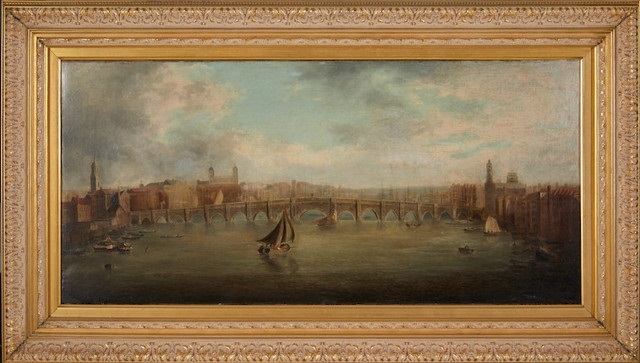 View of the Thames with the Old London Bridge and the Tower of London ...