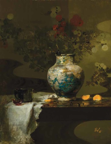 CHRYSANTHEMUMS AND ROSES WITH PERSIAN VASE by David A. Leffel on artnet