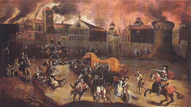 The sack of Troy, with the Trojan Horse and Aeneas rescuing his father ...