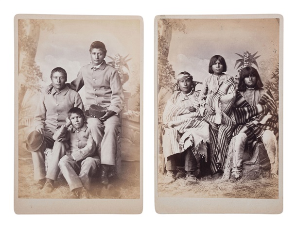 A pair of cabinet cards featuring identified male Pueblo students at ...