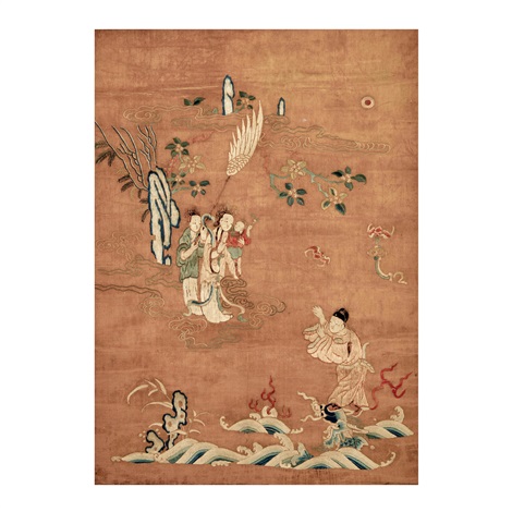 A GU FAMILY-STYLE EMBROIDERED SILK GUANYIN SONG ZI HANGING SCROLL ...