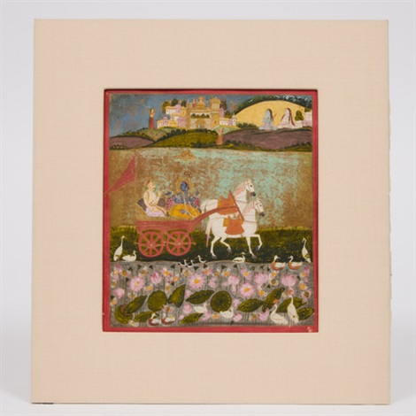 A Painting of Krishna and Arjuna Riding a Horse-drawn Chariot by Indian ...