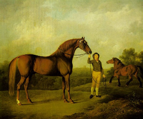 Colonel Thorntons Jupiter, a bay stallion held by a groom in a ...