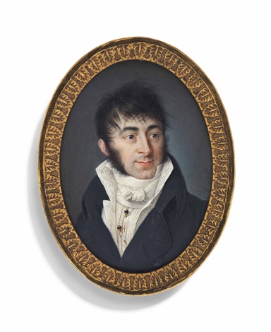 A gentleman, in black coat, embroidered white waistcoat and tied cravat ...