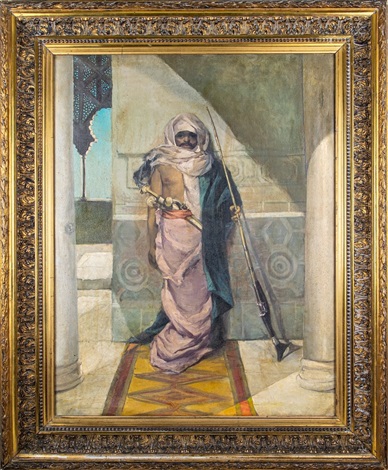 An Orientalist portrait of a North African guard holding a Moukahla ...