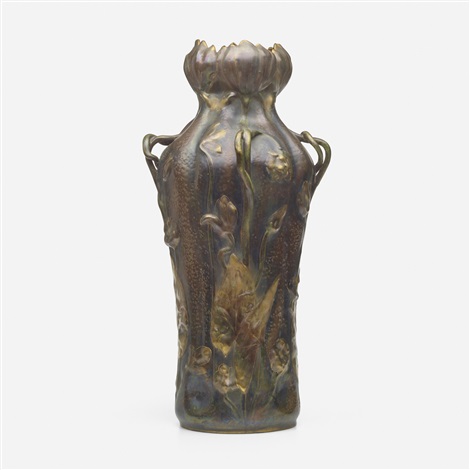 Monumental Amphora vase with high relief lotus flowers by Riessner ...