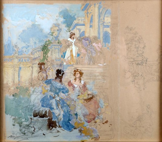 Sketch with female figures at the foot of a staircase by Achille ...