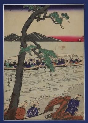linkes Blatt des Triptychons Kyushu Ganryujima ni oite Miyamoto Musashi ...