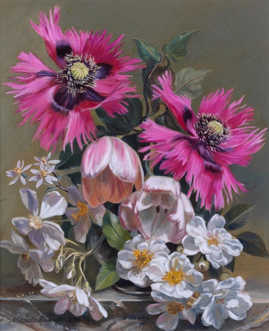 Still life of mixed flowers in a vase by Michelle Bennett Oates on artnet