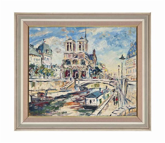 Boats on the Seine, Notre Dame de Paris beyond by George Hann on artnet