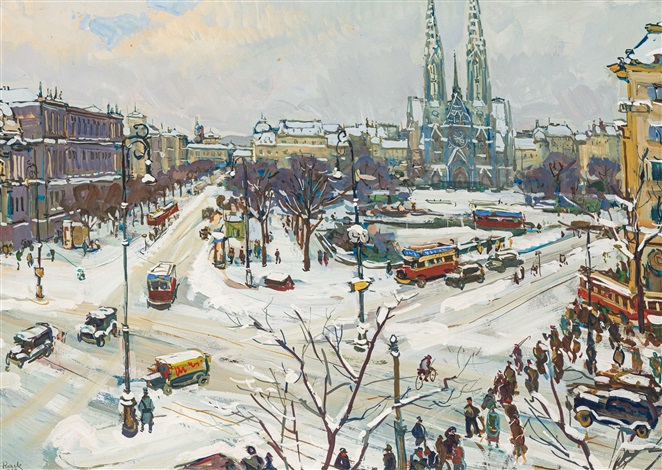 Winter in Vienna with a view of the Votive Church by Emil Rizek on artnet