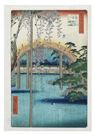 An oban tate-e print of Kameido Tenjin keidai Inside Kameido Bridge ...