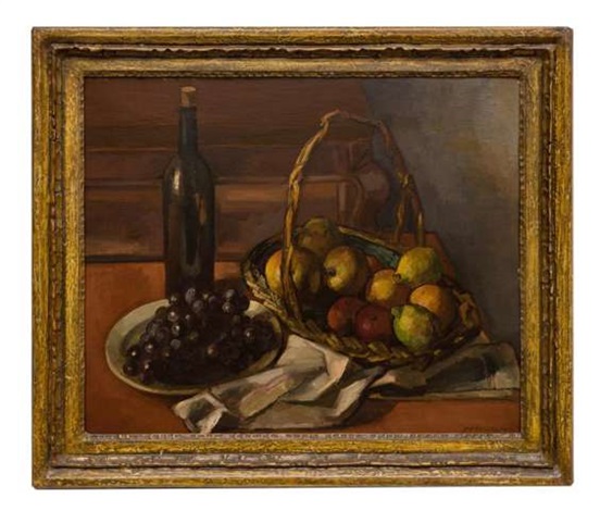 Still life with apples, grapes and a bottle of wine by Matthieu Wiegman ...