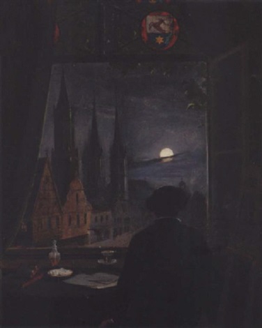 An artist in his studio contemplating a moonlit street from his opened ...