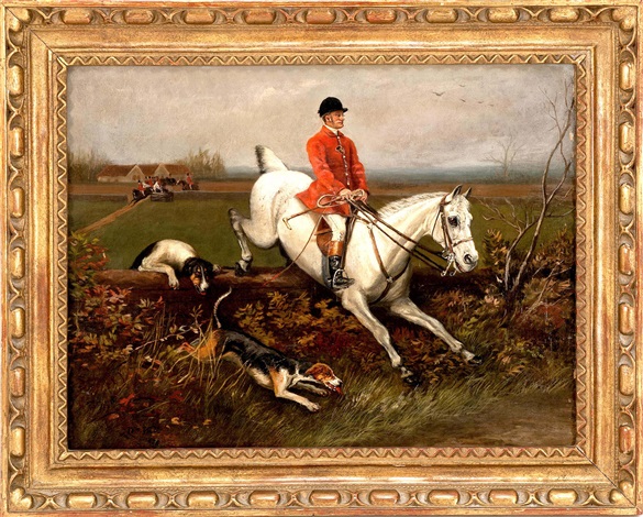 A fox hunting scene with dogs in pursuit and a horse and rider jumping ...