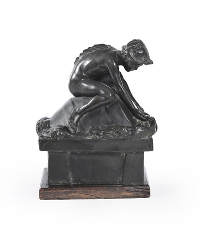 A BRONZE GROUP OF A MERCHILD ON A FLOATING BARREL, DATED 1912 by Ruby ...