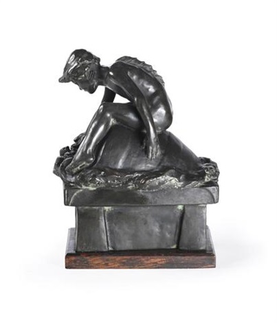 A BRONZE GROUP OF A MERCHILD ON A FLOATING BARREL, DATED 1912 by Ruby ...