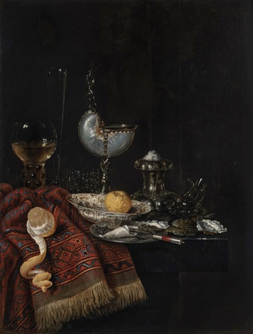 Still life with a nautilus cup, roemer, silver salt cellar, porcelain ...