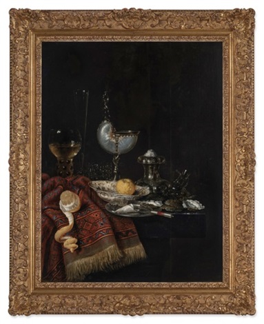 Still life with a nautilus cup, roemer, silver salt cellar, porcelain ...