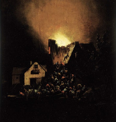 A house on fire at night with peasants coming to rescue by Egbert ...