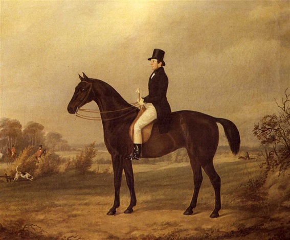 Portrait of a gentleman on a favourite Bay Hunter with huntsmen and a ...