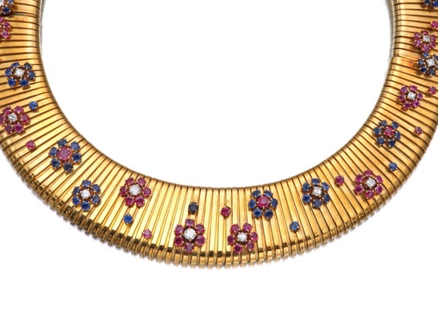 Gold, Ruby, Sapphire and Diamond Necklace-Bracelet Combination by John ...