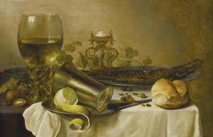 STILL LIFE WITH HERRING, ROEMER, SALT CELLAR, OVERTURNED BEAKER, NUTS ...