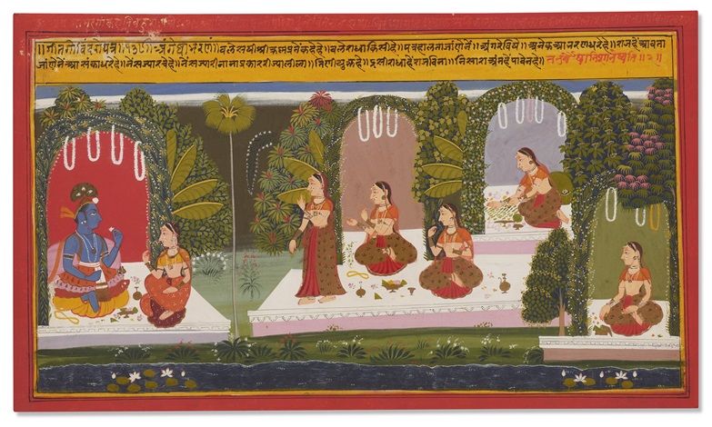 A PAINTING FROM A GITA GOVINDA SERIES RADHA PREPARES A BED OF LEAVES ...