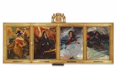 Historic sketches with the Danish naval heroes Christian IV, Niels Juel, Tordenskjold Peder ...