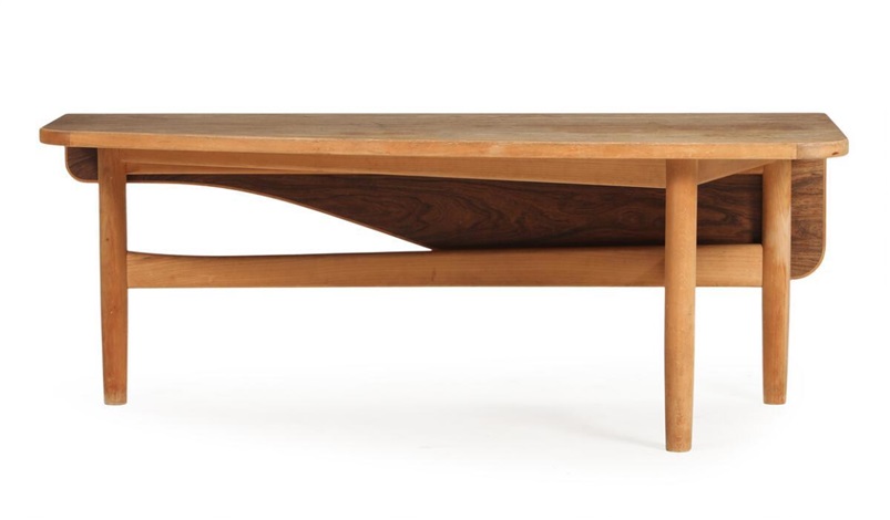 Coffee table with three legged beech frame, asymmetrical rosewood top ...
