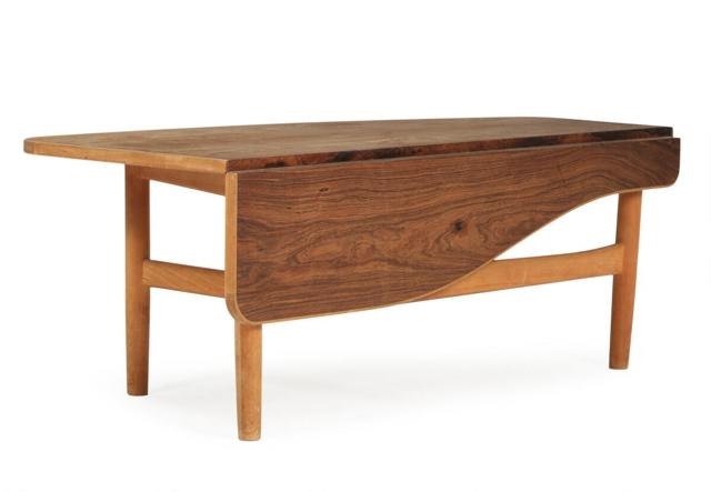 Coffee table with three legged beech frame, asymmetrical rosewood top ...