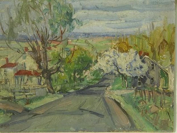 Spring landscape with roadside buildings and distant hills by Walter ...