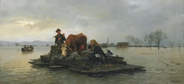 Vor dem Hochwasser auf einem Floß fliehende Familie by Carl Roux on artnet