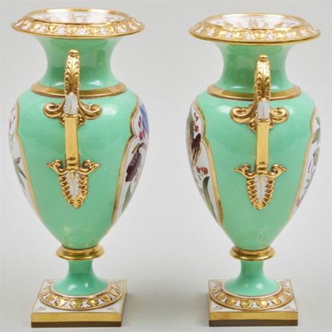 Pair of Flight, Barr Barr Green Ground Porcelain Botanical Vases by ...