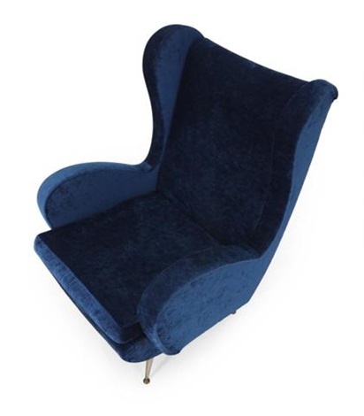 Easy chair with brass legs, upholstered with blue velour by Gigi Radice ...