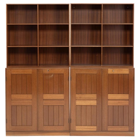 Solid mahogany wall unit, consisting of two cabinets, two bookcases and ...