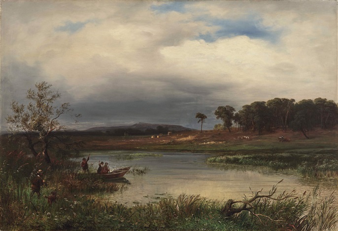 Shore landscape with boat and hunters by Wilhelm Klein on artnet