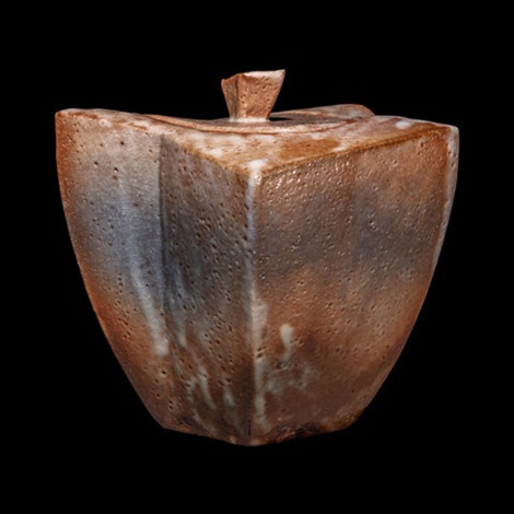 Shino-glazed mizusashi water jar with angular body and circular ceramic ...