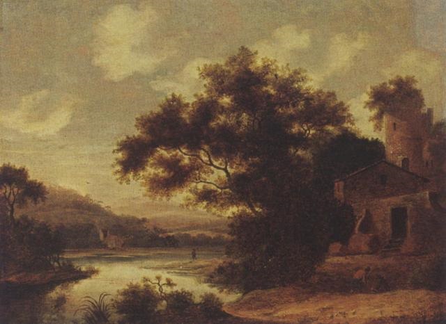 A wooded river landscape with figures near a village by Pieter Cosyn on ...