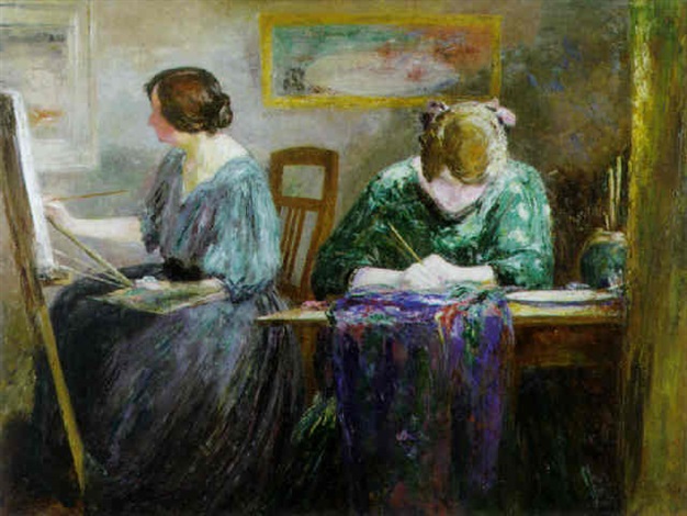 Gabrielle de echtgenote van de kunstenaar en Marthe Verhaeren in het ...