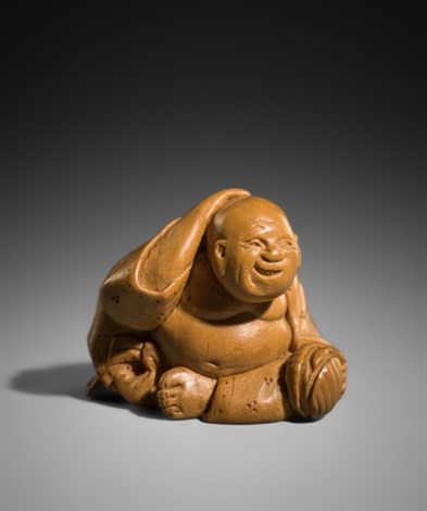 A CONTEMPORARY SHUNGA WOOD NETSUKE OF A CLAM TASTER by Alexander ...