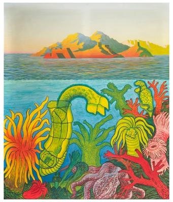 Meer, Anemonen, Korallen und weitere Pflanzen im Hintergrund ragen ...